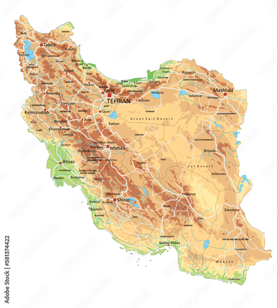 High detailed Iran physical map with labeling. Stock Vector | Adobe Stock