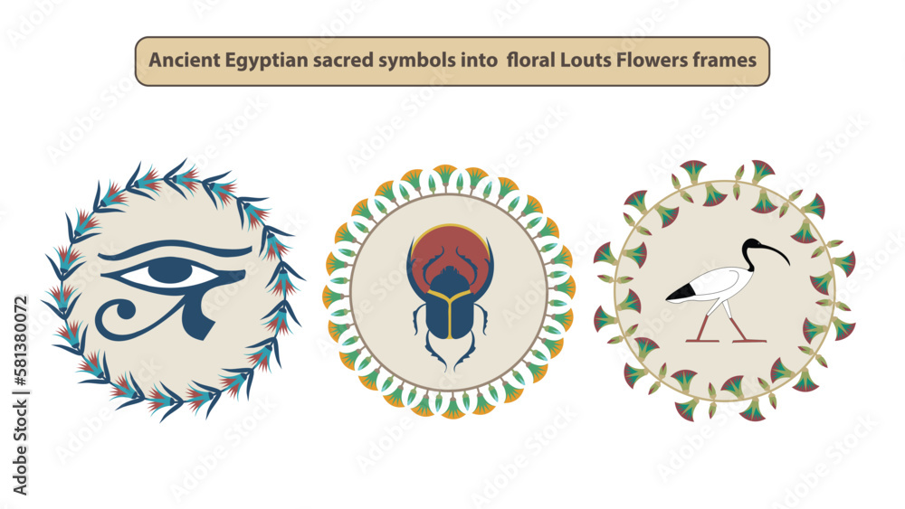 Ancient Egyptian sacred symbols of (Scarab, Ibis and Eye of Horus) into floral Louts flowers ...