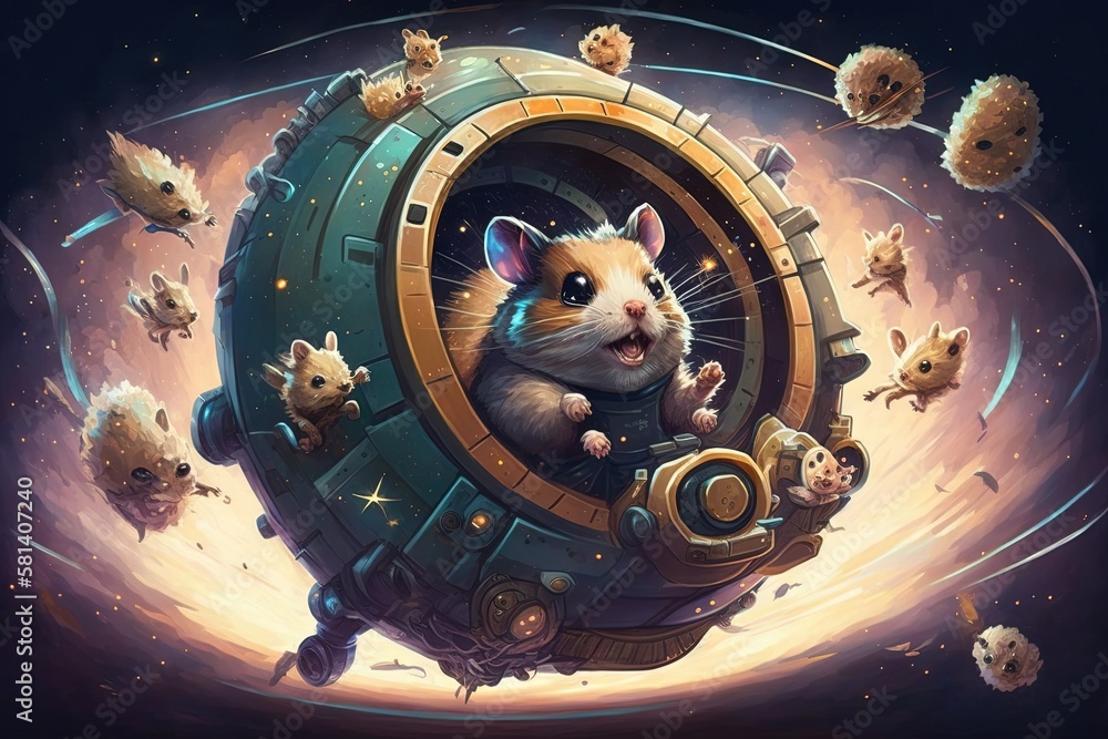 giant space hamster on a wheel, powering a spaceship and traveling ...