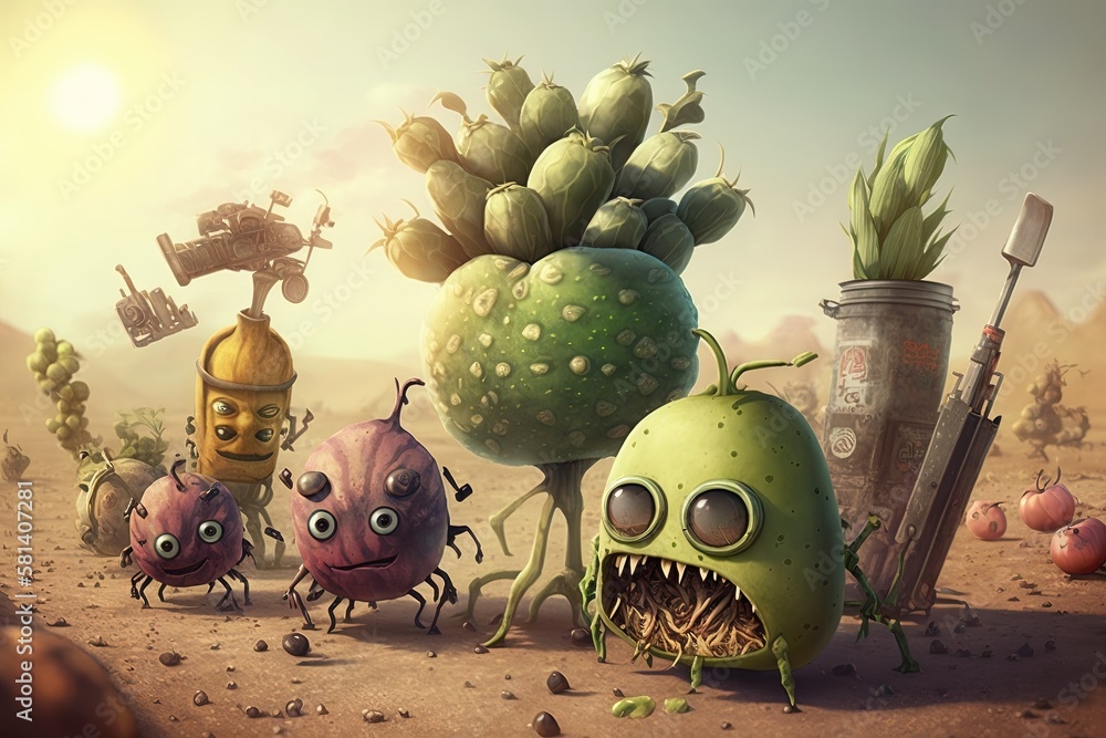 group of anthropomorphic fruits fighting a horde of evil vegetables in ...