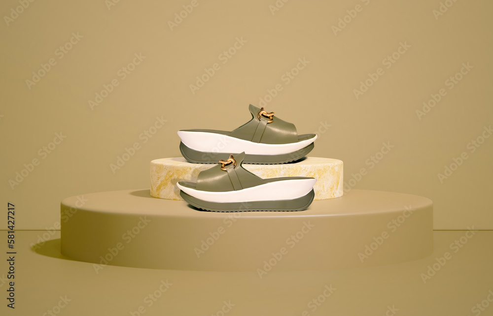 Creative Photo of Beautiful Sandels for girls in podium platform mockup ...