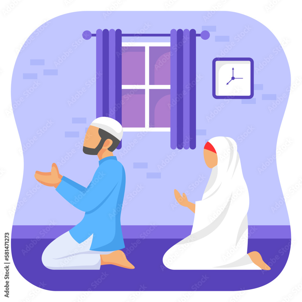 Muslim Couple Praying Salat together, husband and wife, woman and man ...