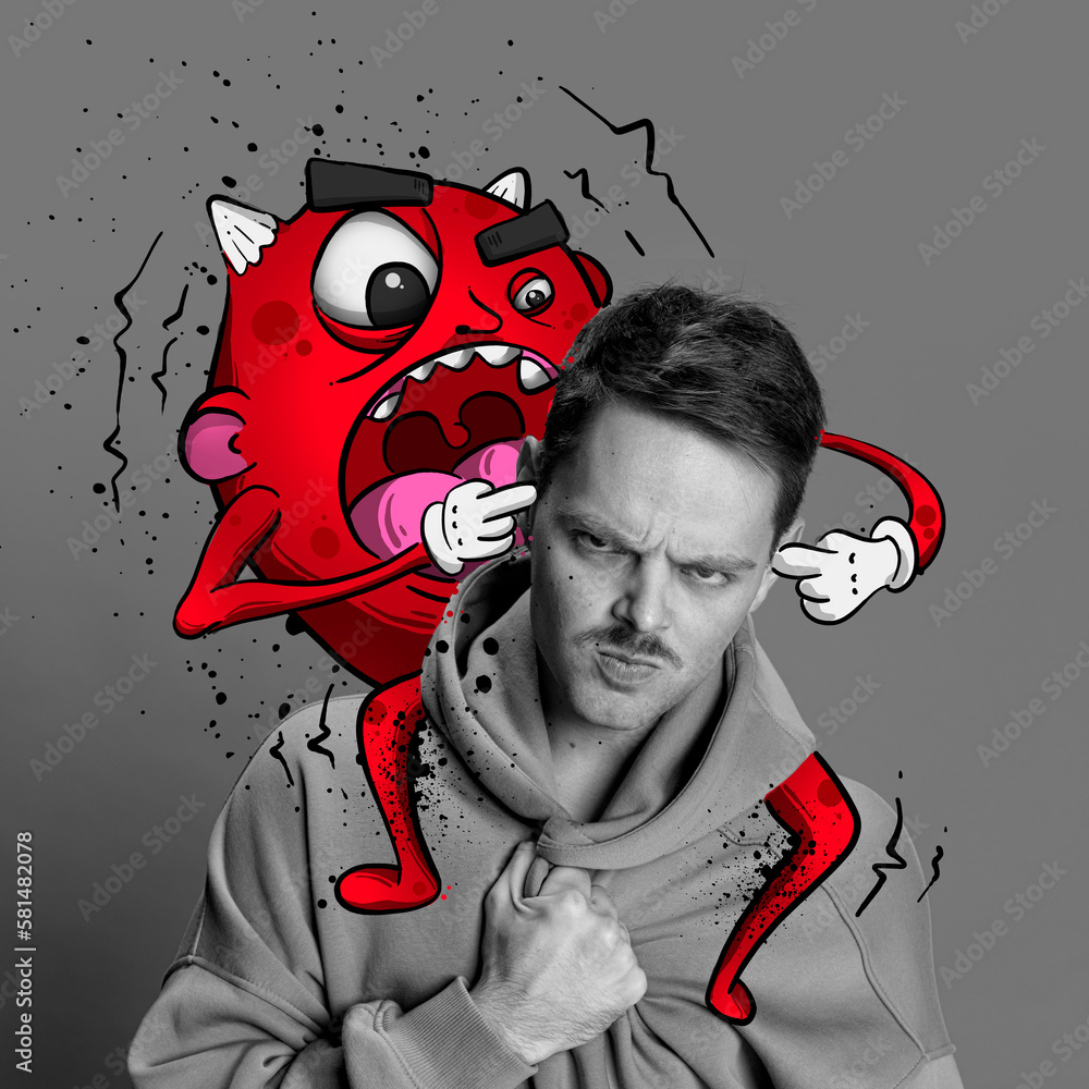 Contemporary art collage. Black and white image of young man with angry ...