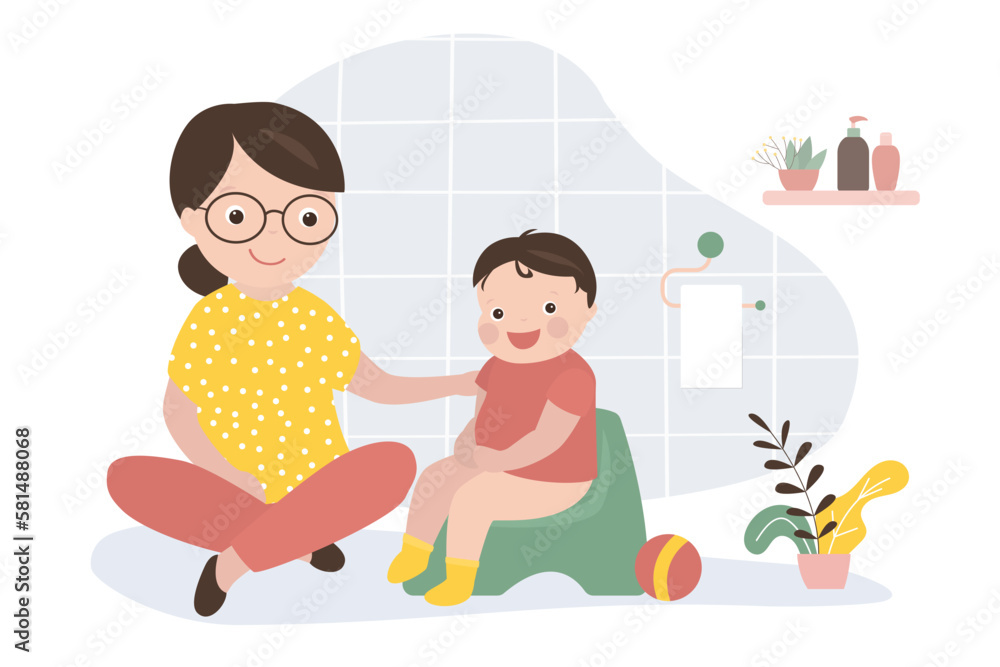 Mother starts toilet training son. Small caucasian child sits on potty ...