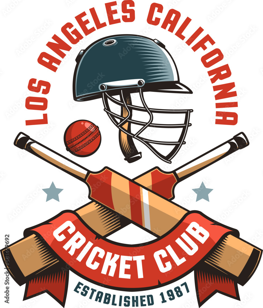 Retro cricket logo featuring a helmet, cricket bats, and ball. Vintage ...