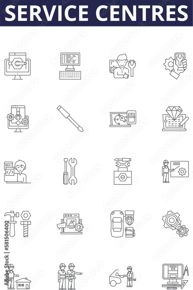 Service centres line vector icons and signs. Centres, Help, Desks ...