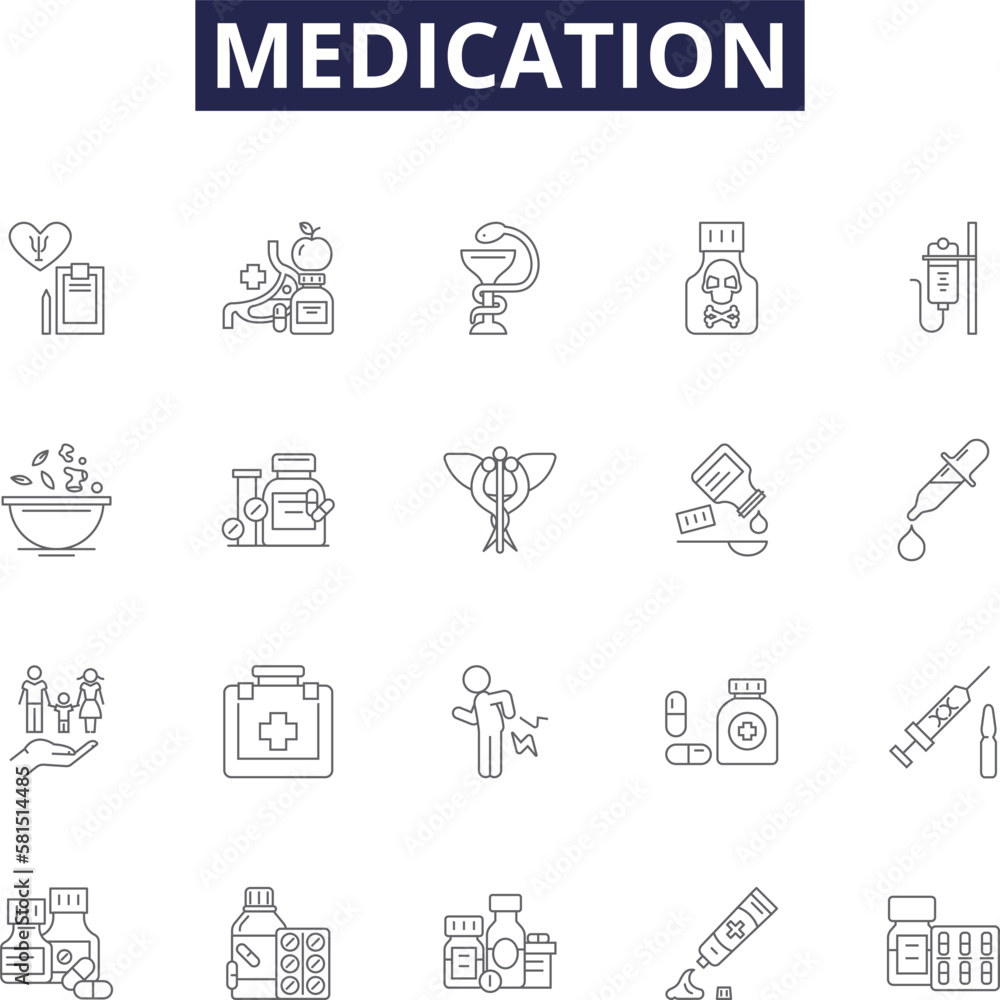 Vector de Stock Medication line vector icons and signs. Drugs, Pills ...