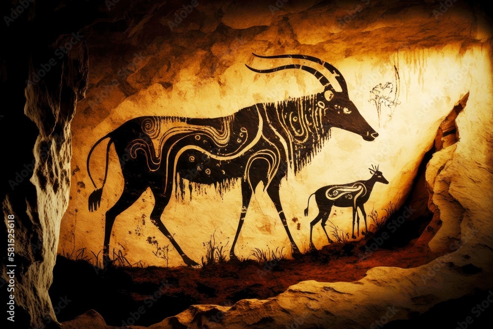 tribal cave painting of prehistoric human and animal, created with ...
