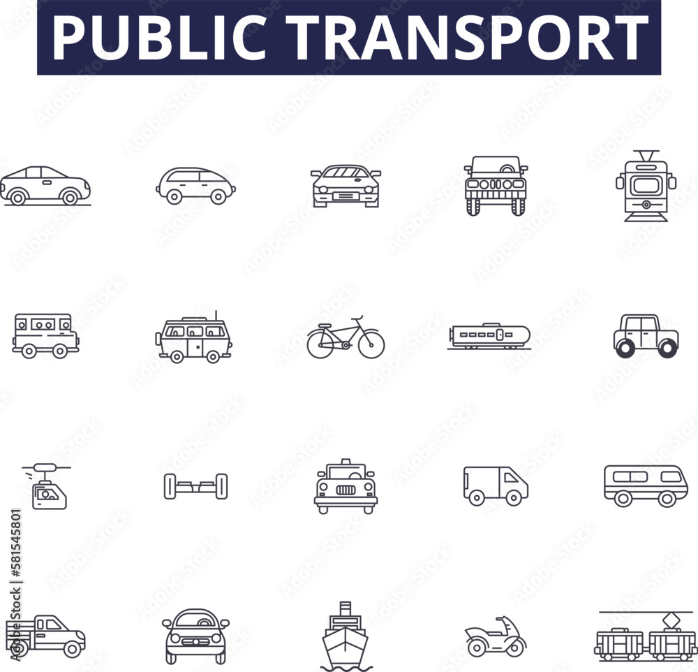 Public transport line vector icons and signs. Buses, Trains, Subway ...
