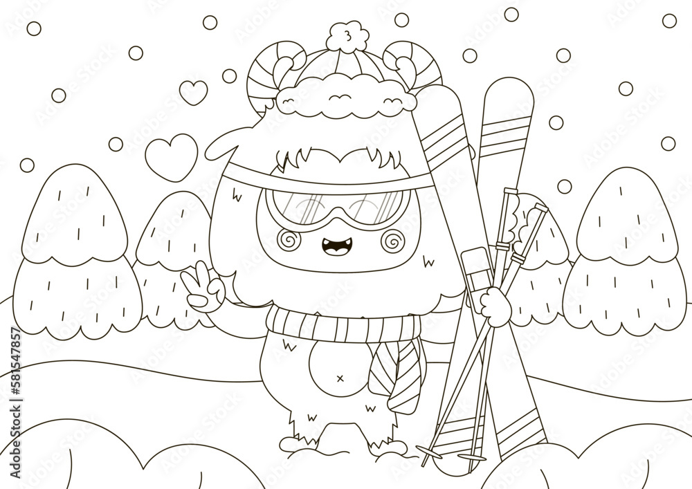 Funny coloring page with cute Yeti character skiing, winter holidays ...