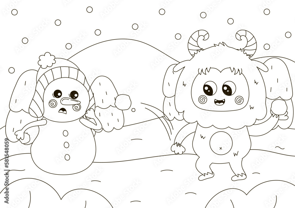 Funny coloring page with cute Yeti character and snowman playing ...