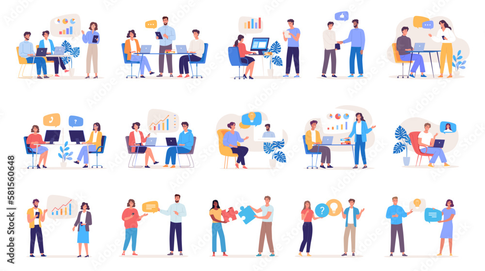 Different people characters work together in the office and remotely ...