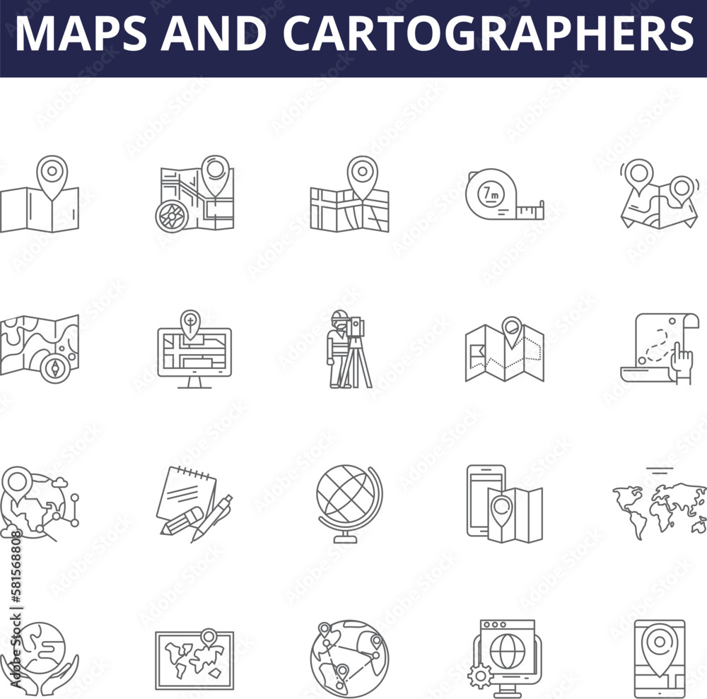 Maps and cartographers line vector icons and signs. Cartographers ...