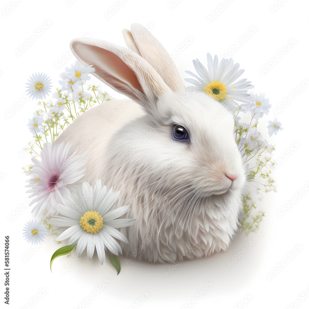 Osterhase mit Blumen, Osterzeit, weißer Hase, Hase auf Blumenwiese ...