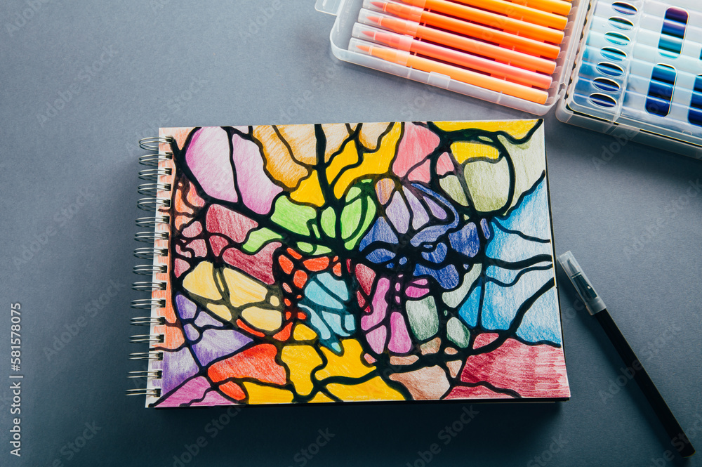 Colorful neurographic drawing on paper with color pencils and markers ...