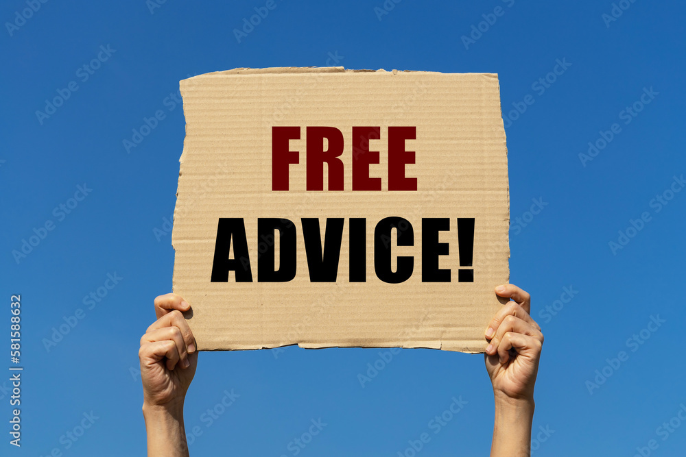 Free advice text on box paper held by 2 hands with isolated blue sky ...