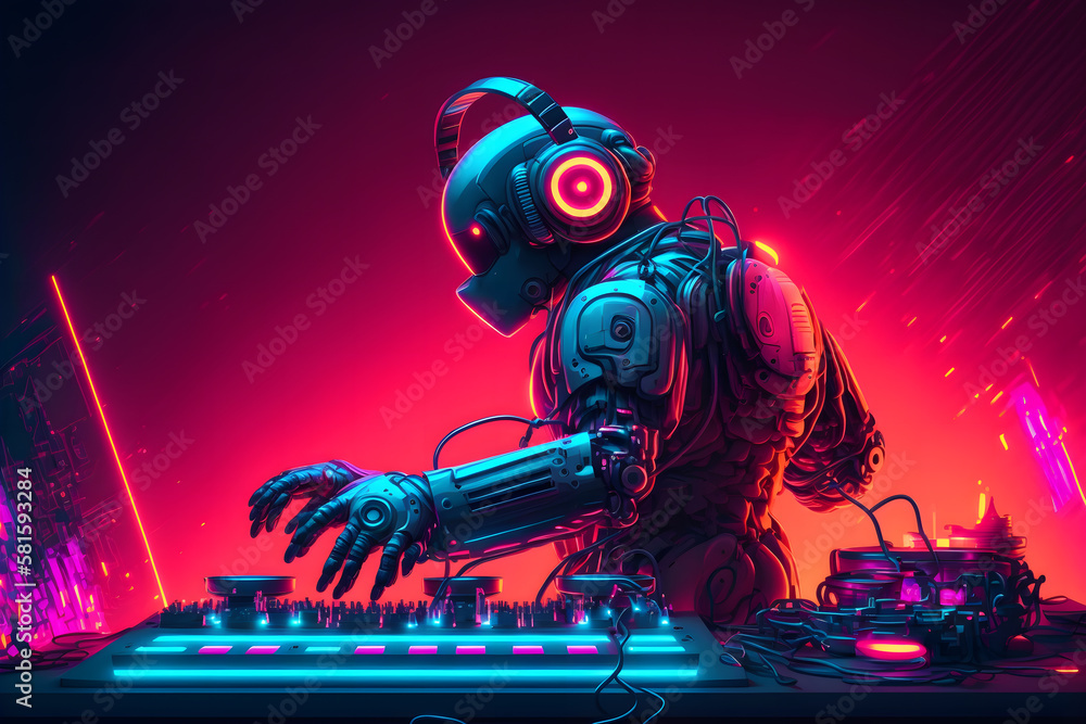 Robot disc jockey at the dj mixer and turntable plays nightclub during ...