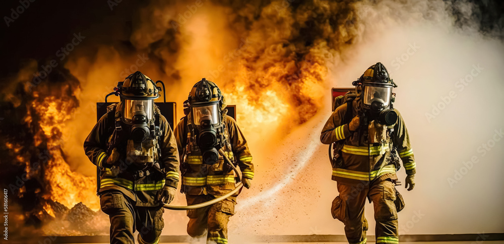 fireman using water and extinguisher to fighting with fire flame in an ...