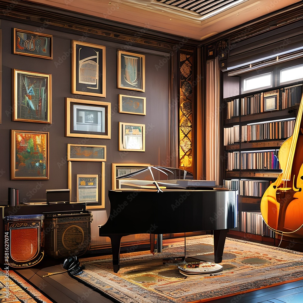 A living room that has been turned into a music room, with instruments ...