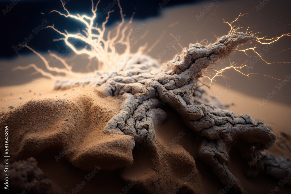 Fulgurite on the beach. Crystal glass from a lightning strike into the ...