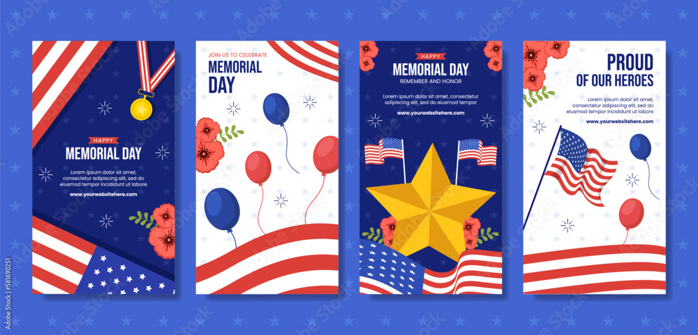 Memorial Day Social Media Stories Flat Cartoon Hand Drawn Templates ...