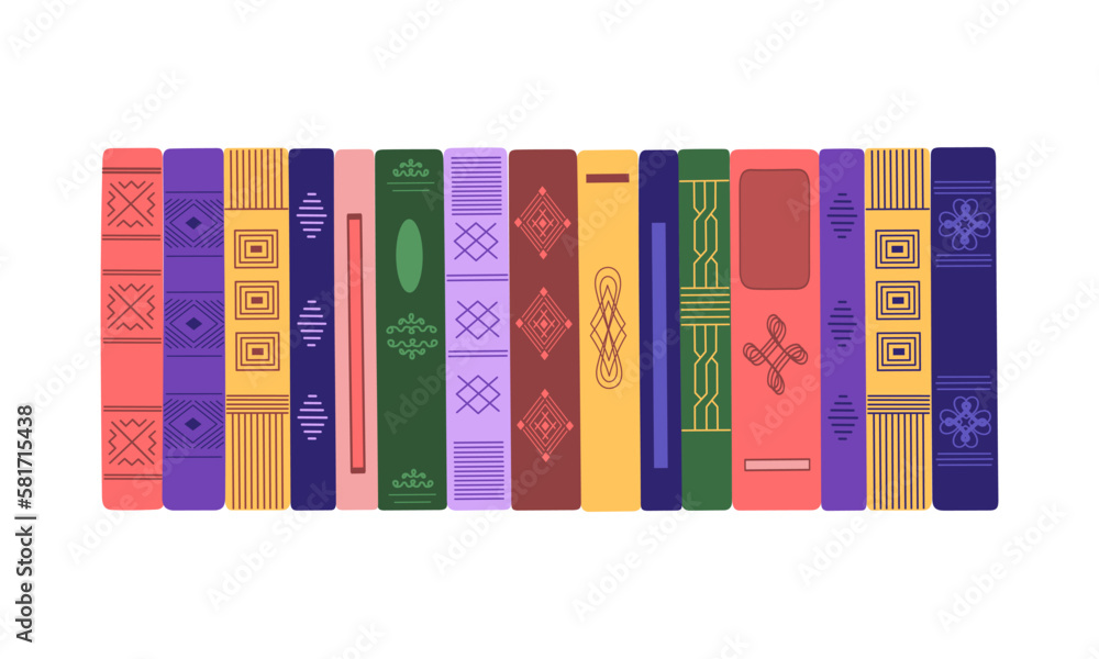 Collection of vertical standing books in colored vintage covers. Pile ...