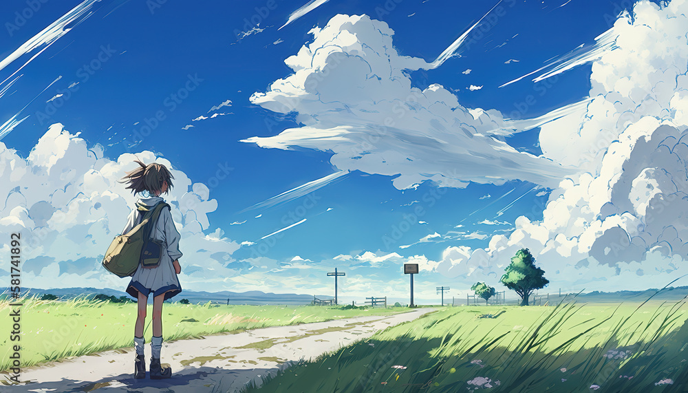 a young lonely anime girl standing in the middle of nowhere, long path ...
