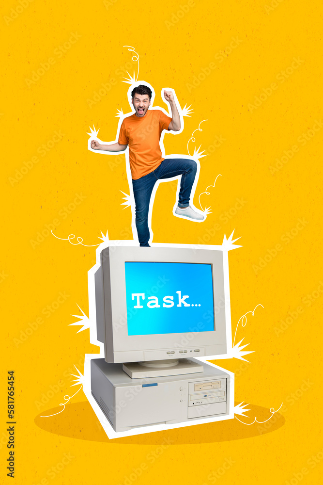 Creative magazine poster of mini young guy standing on vintage pc ...
