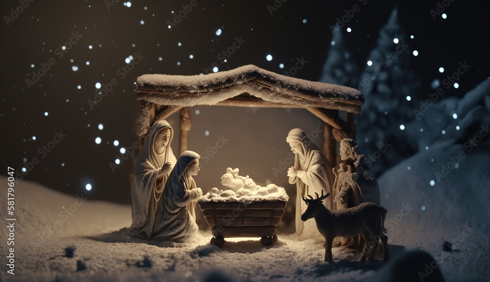 Nativity Scene - Birth Of Jesus Christ With Manger In Snowy Night And ...