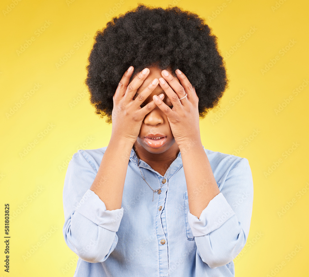 Black woman, stress and hands on angry face, tired and mental health ...