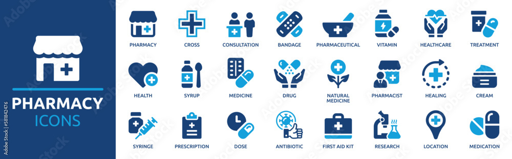 Pharmacy icon set. Medicine, bandage, medication, prescription ...