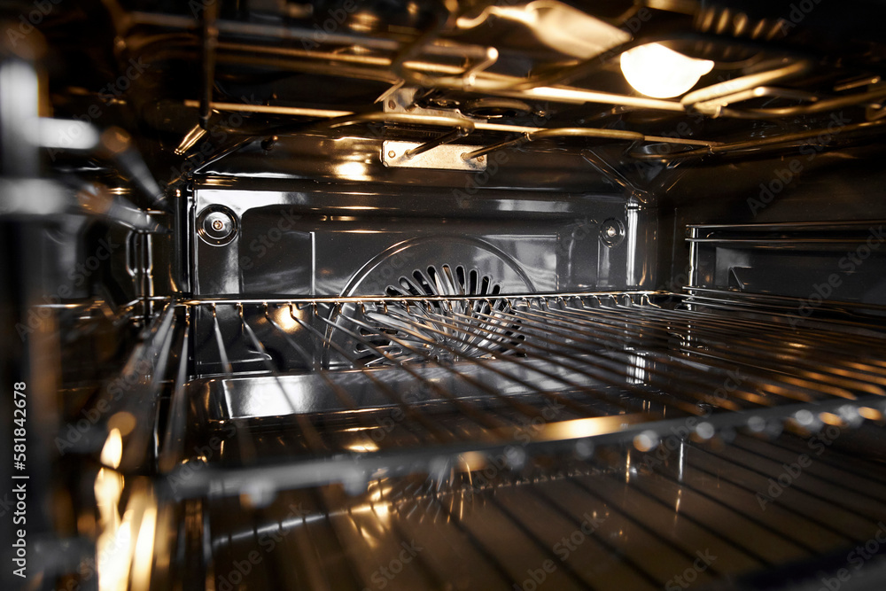 empty oven inside. Electric home kitchen oven open door slider panning ...