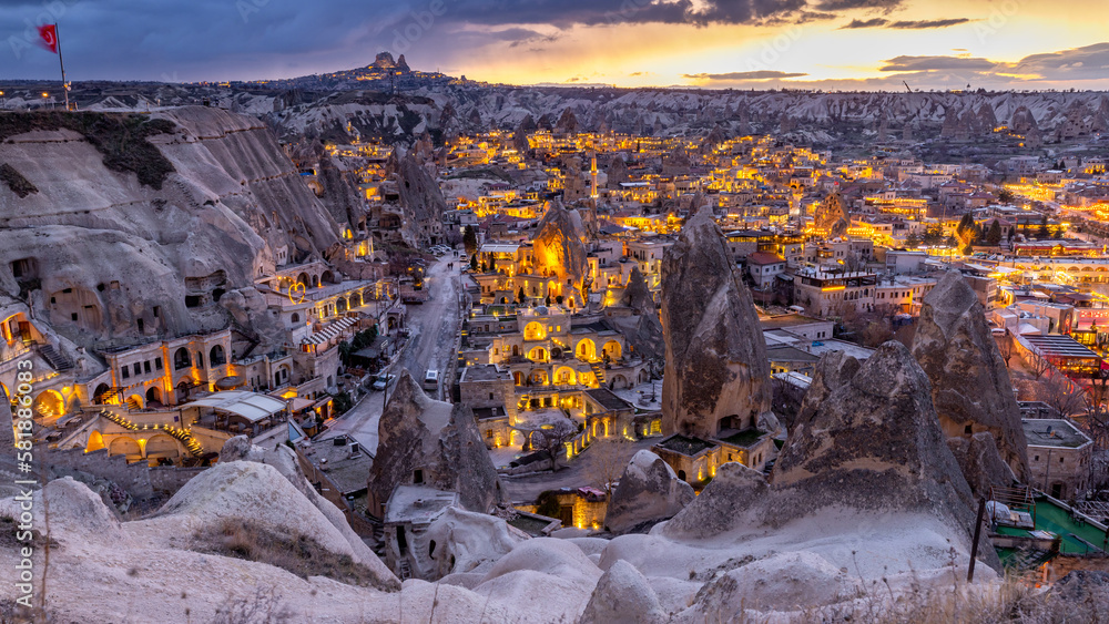 Goreme City at twilight, Famous tourist center of balloon fligths in ...