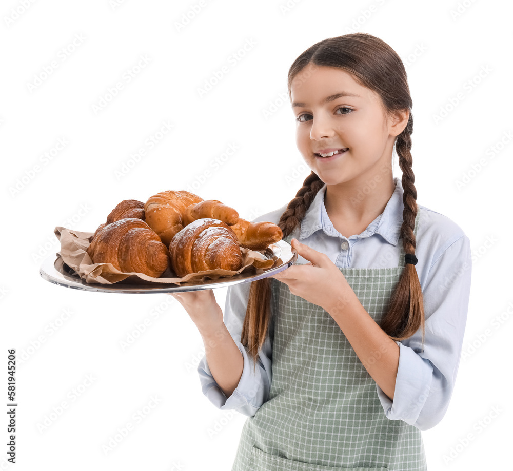 Little baker with tray of tasty croissants on white background Stock ...