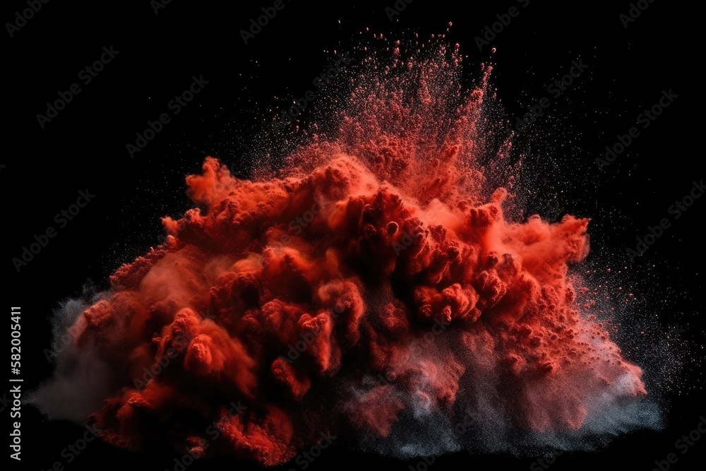 An eruption of red dust particles over black that looks like snow or a ...