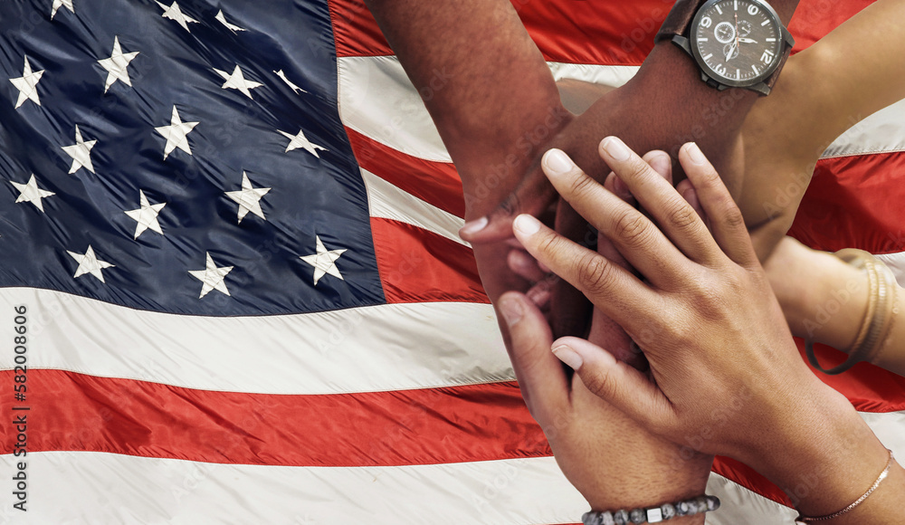 Photo Stock Teamwork, support and hands stacked on American flag for ...