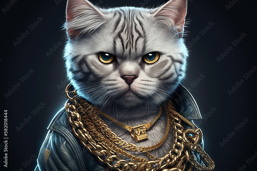 successful rapper boss with cat head in gangsta style with gold chains ...