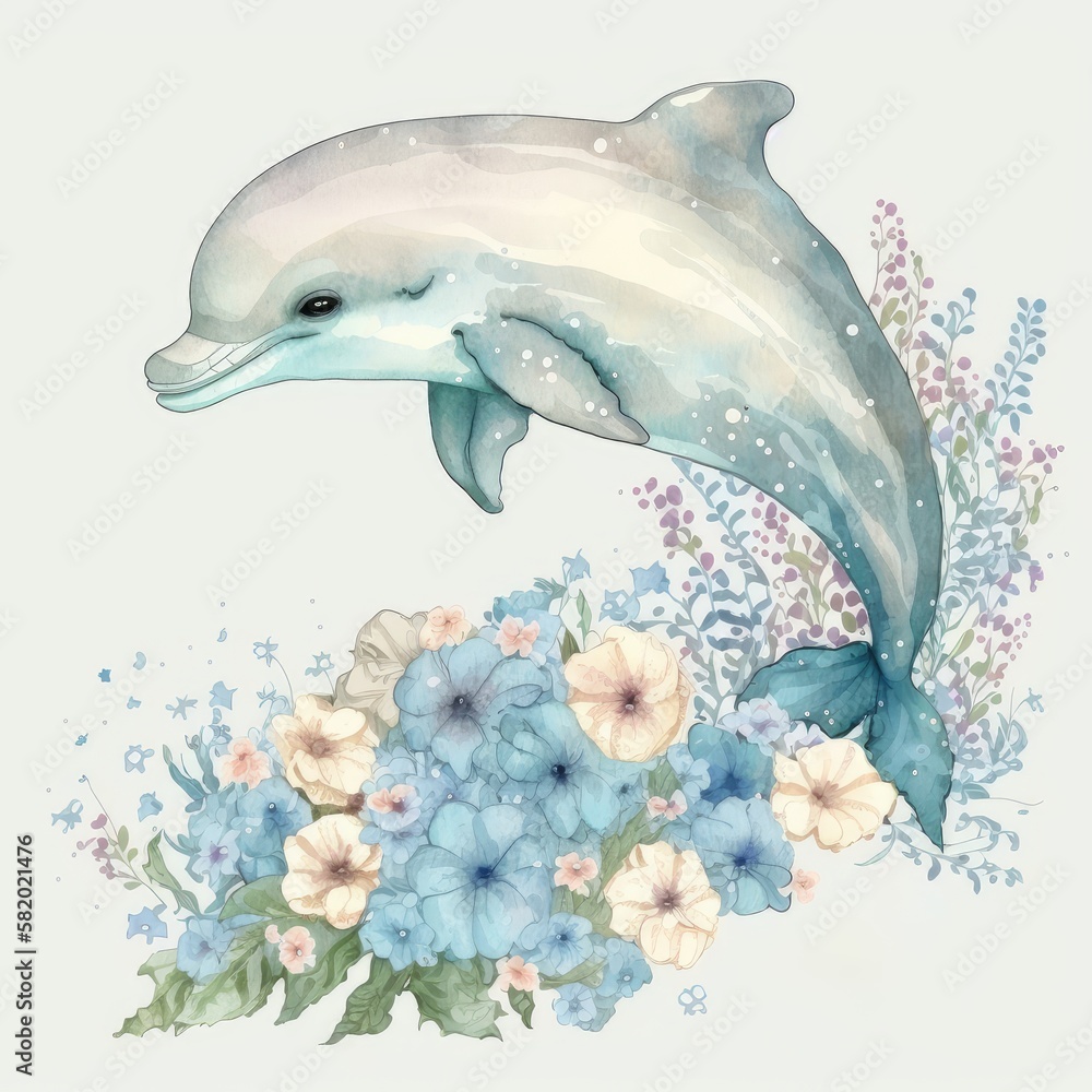 Cute Baby Dolphin Floral, Spring Flowers, illustration ,clipart ...