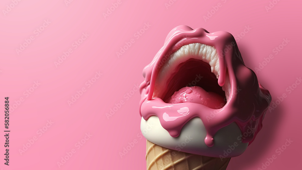 Dripping Screaming pink and white strawberry vanilla ice cream cone ...