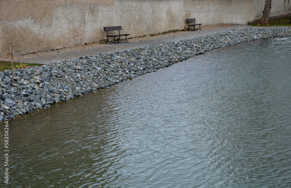 pond sluice, water reservoirs with regulation and concrete dam shaft ...