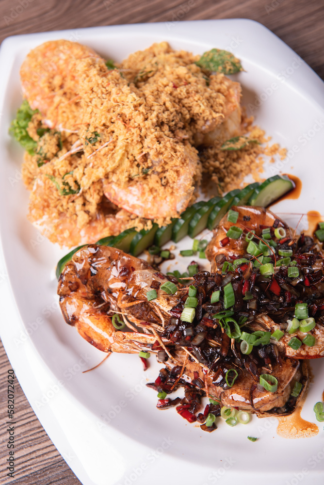 two in one varieties wok fried big prawn with nonya sweet and sour dark ...