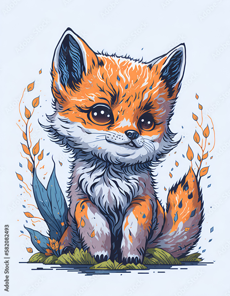 Cute fox baby kitten cartoon splash art style. AI generated ...