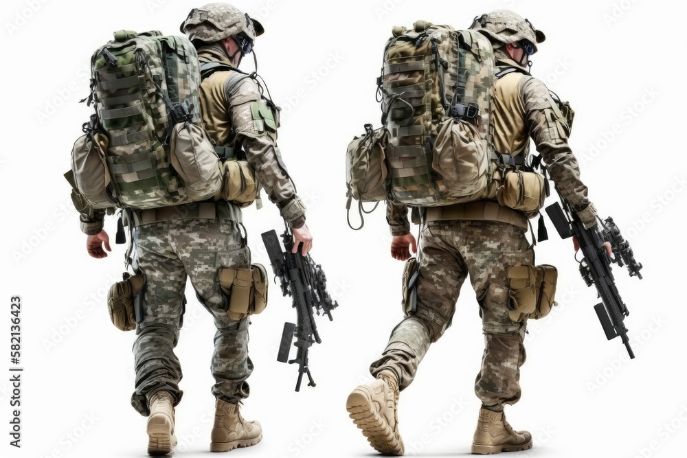 military combat soldiers carrying military backpack with ammunition ...