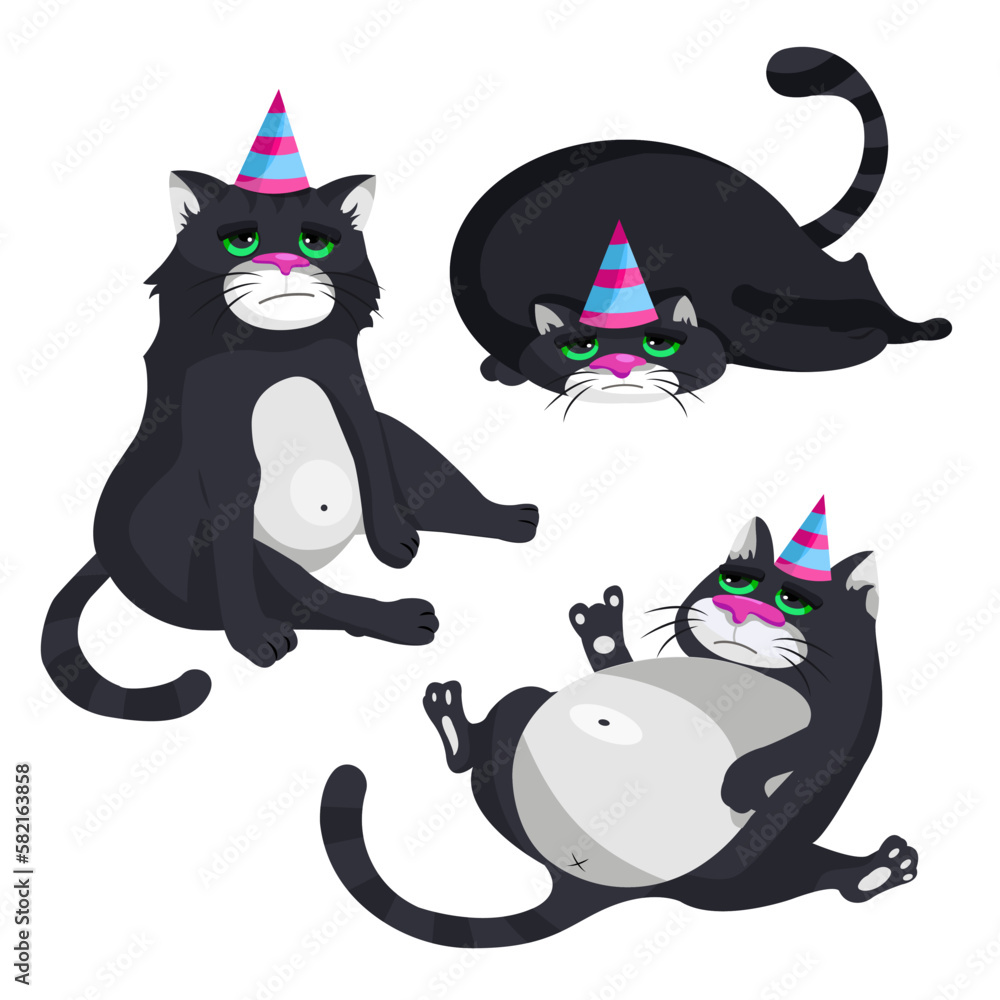 Funny black cat in different poses. Sad fat cat. Cat's birthday. Funny birthday card with ...