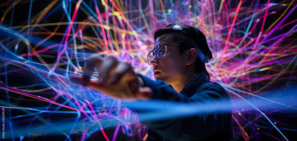 Young person using data analysis with network complex information from visualizing system.smart ...