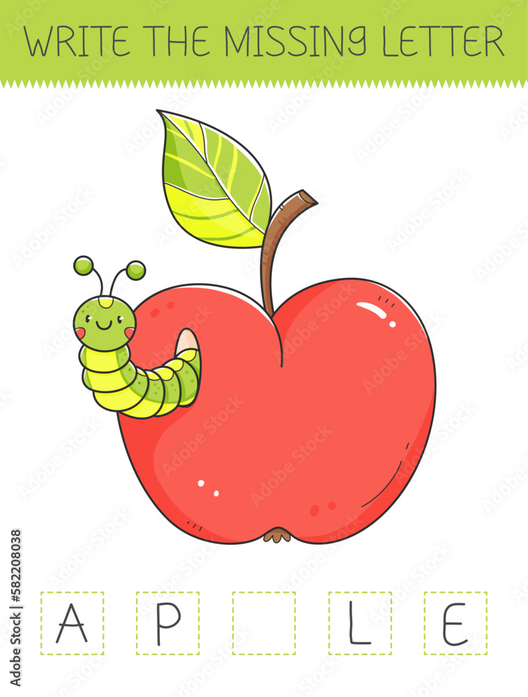 Write the missing letter is an educational game for kids with apple and ...