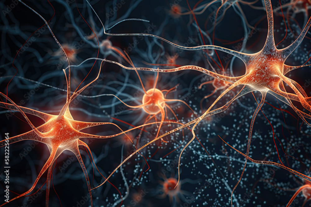 Neuron cells on abstract background, neural connections in the human brain, glowing synapses in ...