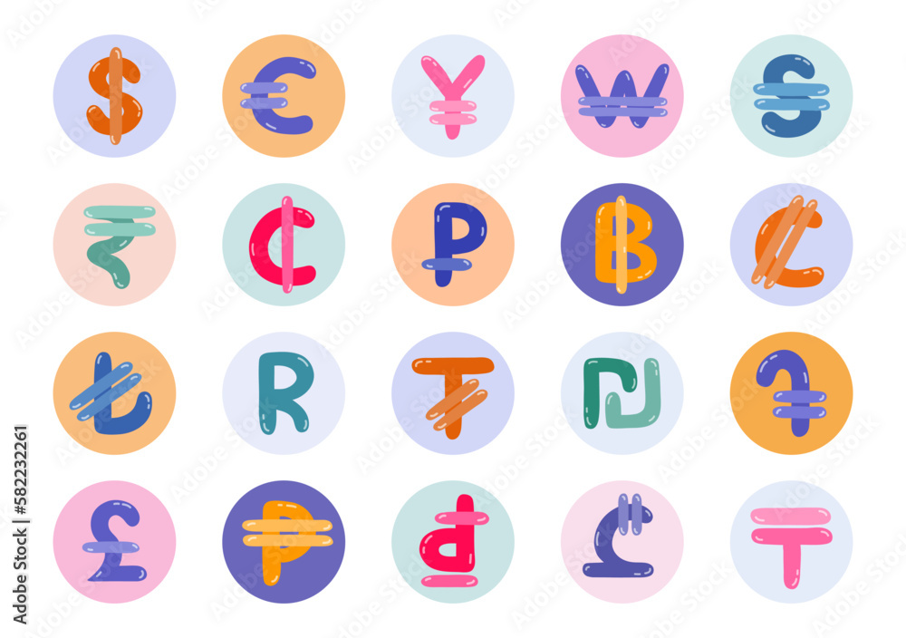 Set of international currency symbols. Cute hand drawn vector ...