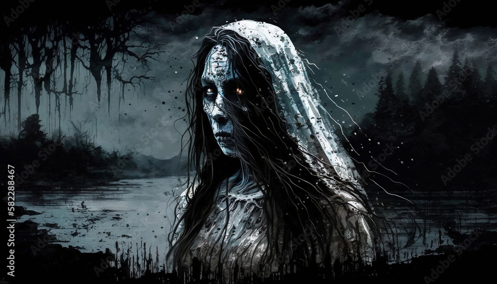 fictional the weeping lady la llorona by a lake Stock Illustration ...