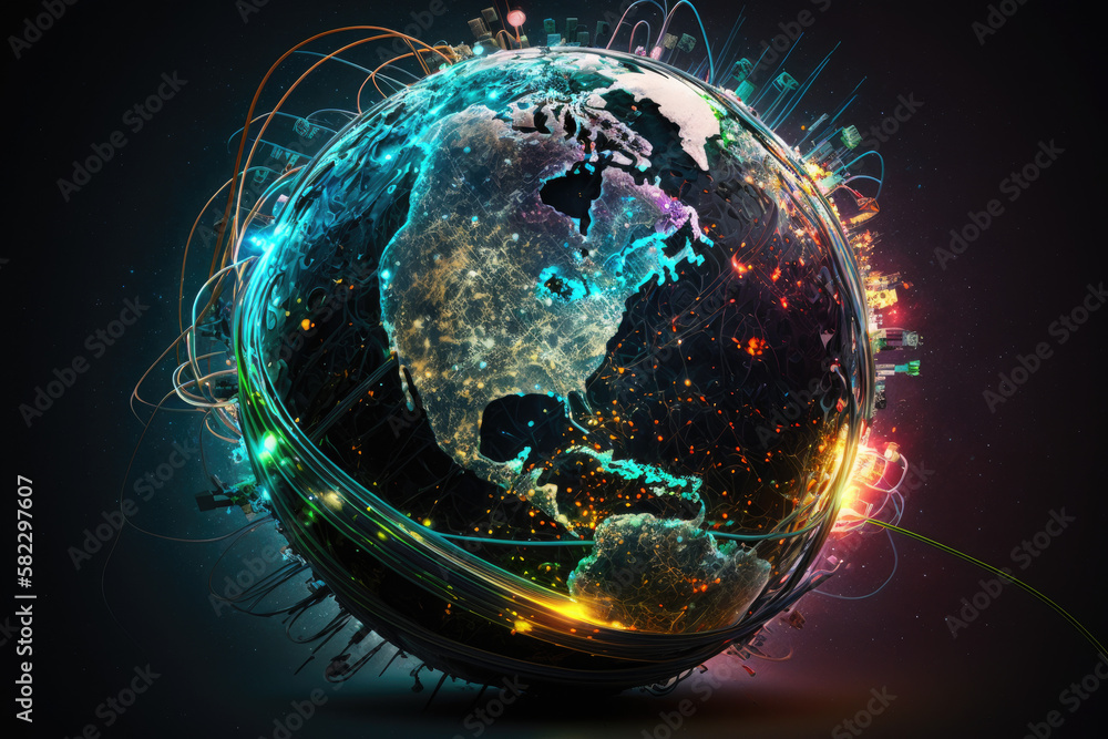 World connected by the internet planet earth with wires. Generative AI ...